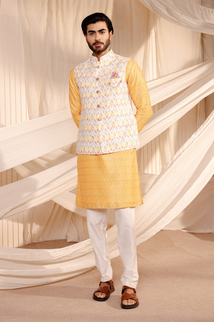 Buy Yellow Jacket Kurta With Jodhpuri Print for Men Online | Cityvibes
