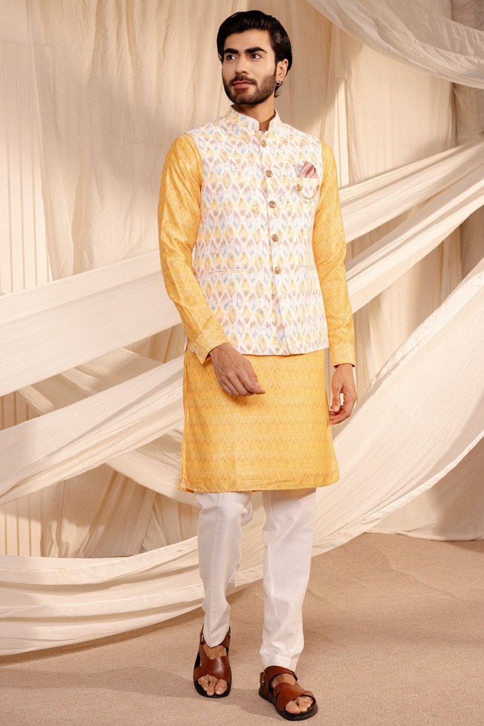 Buy Yellow Jacket Kurta With Jodhpuri Print for Men Online | Cityvibes