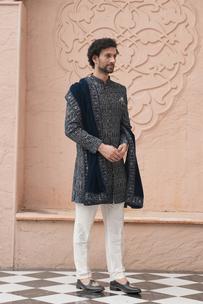 Rama Green Color Velvet Indo Western Set for Men