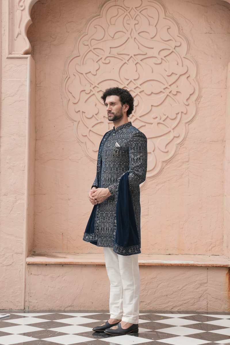 Rama Green Color Velvet Indo Western Set for Men