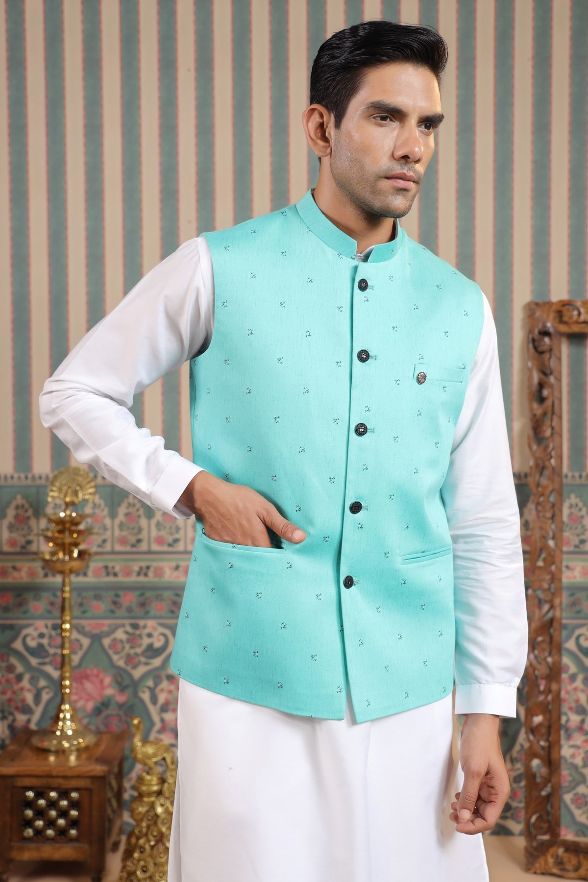 Buy Ferozi Color Waist Coat For Men @ ₹2999 | Cityvibes