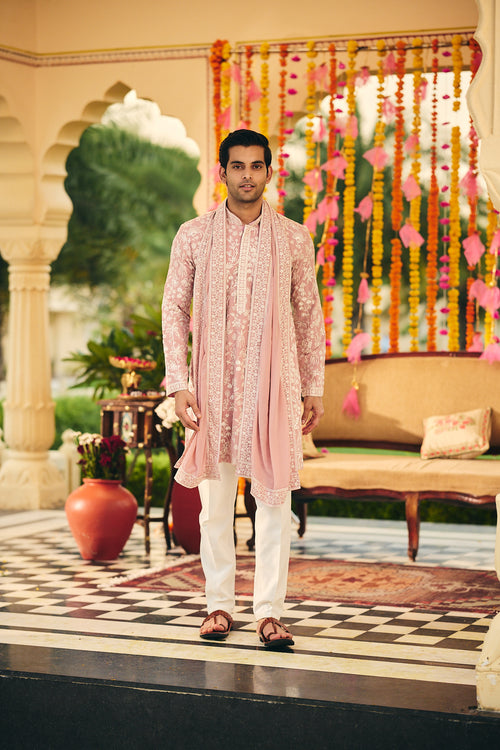Onion Color Embroidery Kurta Pajama for Men
