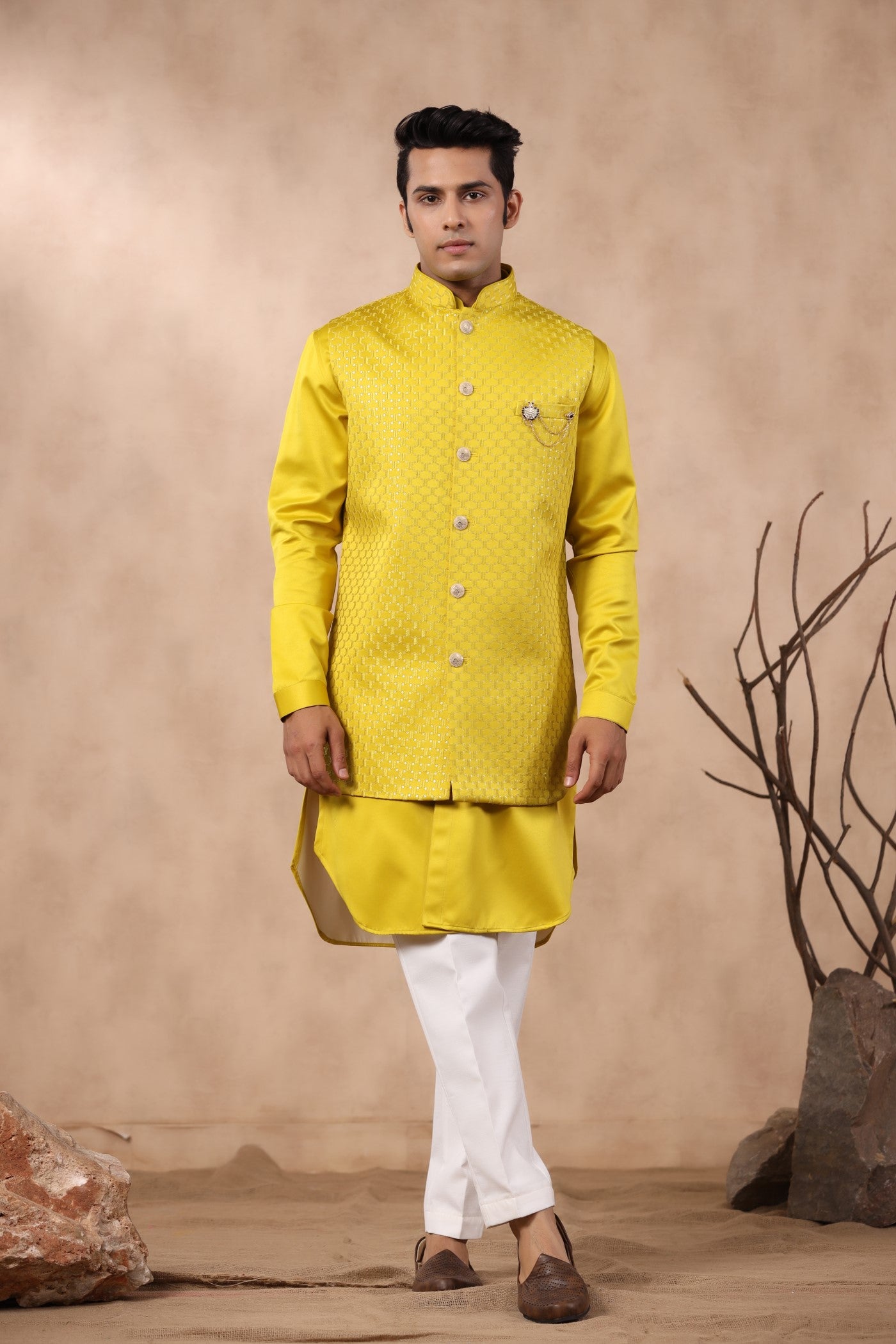Buy Yellow Color Embroidery Long Jacket Kurta for Men | Cityvibes